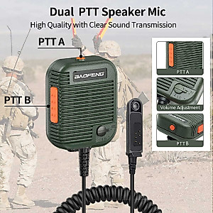 BAOFENG Tactical Speaker Microphone Handheld Remote Dual PTT Volume Adjustable Shoulder Mic UV-9R Plus UV-9RPRO GMRS-9R UV-9G GT-3WP BF-9700 Ham Waterproof Two Way Radio
