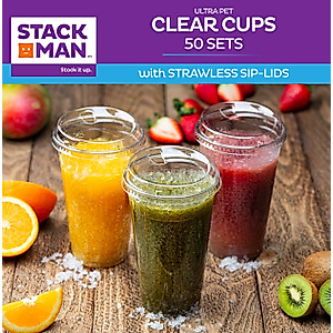 24 oz Clear Plastic Cups with Strawless Sip-Lids [50 Sets] PET Crystal Clear Disposable 16oz Plastic Cups with Lids - Crystal Clear, Durable Cup - BPA Free + Crack Resistant, for Coffee, Juice, Shakes