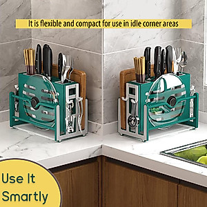 Multifunctional Kitchen Organizer Rack Cutting Board Holder Knife Holder Pot Lid Holder,Countertop Kitchenware Rack Kitchen Storage Accessories ,for Cabinet and Countertop with Draining Tray