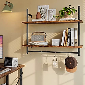 Bestier Pipe Shelf Industrial Floating Shelving 31" Kitchen Wall-Mounted Shelf with Towel Bar Hooks Coffee Bar Shelf Wine Hanging Display Rack Bookshelf Living Room Decor Bathroom-Rustic Brown