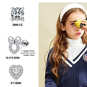 TOPBRIGHT 8 Pairs S925 Sterling Silver Stud Earrings Hypoallergenic Earrings White Heart CZ Tiny Butterfly For Kids, Toddlers, Little Girls, Teens, Women