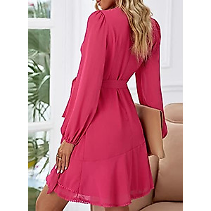 FARYSAYS Women's V Neck Wrap Dresses Long Sleeve Fashion Mini Dress for Ladies Elegant Cocktail Party Wedding Guest Outfits Hot Pink Large