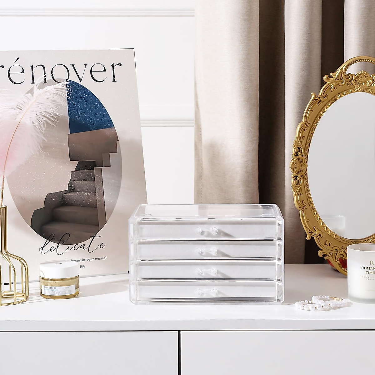 Lolalet Earring Holder Organizer Box Jewelry Storage with 4 Drawers, Clear Acrylic Stackable Earring Case with Adjustable Velvet Trays for Women on Dresser Vanity -Warmwhite, 4 Layers