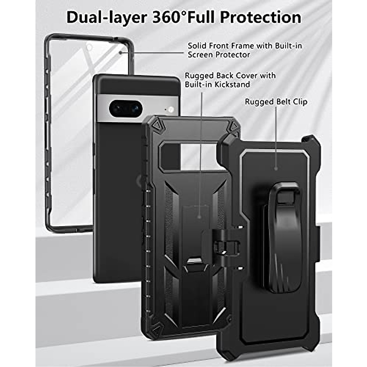 FNTCASE for Google Pixel 7 Case: Built-in Screen Protector & Kickstand | Extra Front Frame | Full-Body Dual Layer Rugged Belt-Clip Holster | Military Shockproof Cell Phone Protective Cover 5G - Black