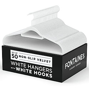 Fontaines Luxury White Velvet Felt Non Slip Clothes Hangers 50 Pack - Ultra Slim & Space Saving - Heavy Duty Swivel White Hook for Clothing, Suit, Top, Tie, Shirt, Skirt & Pant Organization