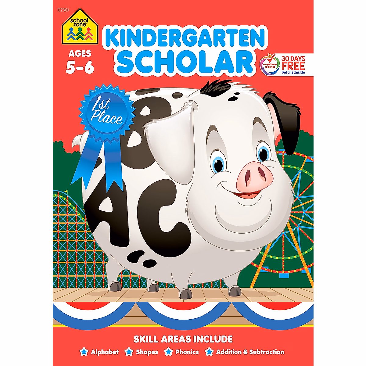 School Zone - Kindergarten Scholar Workbook - 64 Pages, Ages 5 to 6, Alphabet, Phonics, Shapes, Patterns, Counting, Addition & Subtraction, and More