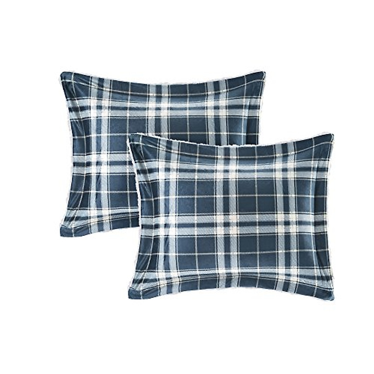 Comfort Spaces Aaron Sherpa Comforter and Throw Combo Set, Ultra Softy Fluffy Warm Checker Plaid Pattern Cold Weather Bedding, Full/Queen, Navy,CS10-0409