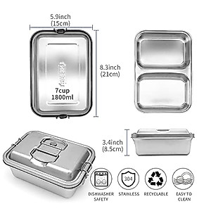Double Layer Stainless Steel Bento Lunch Box - 1800ML Leak Proof Container with Safety Latch, Chopsticks and Spoon Included. Perfect for Adults and Easy to Clean! Dishwasher Safe Metal Bento Box.