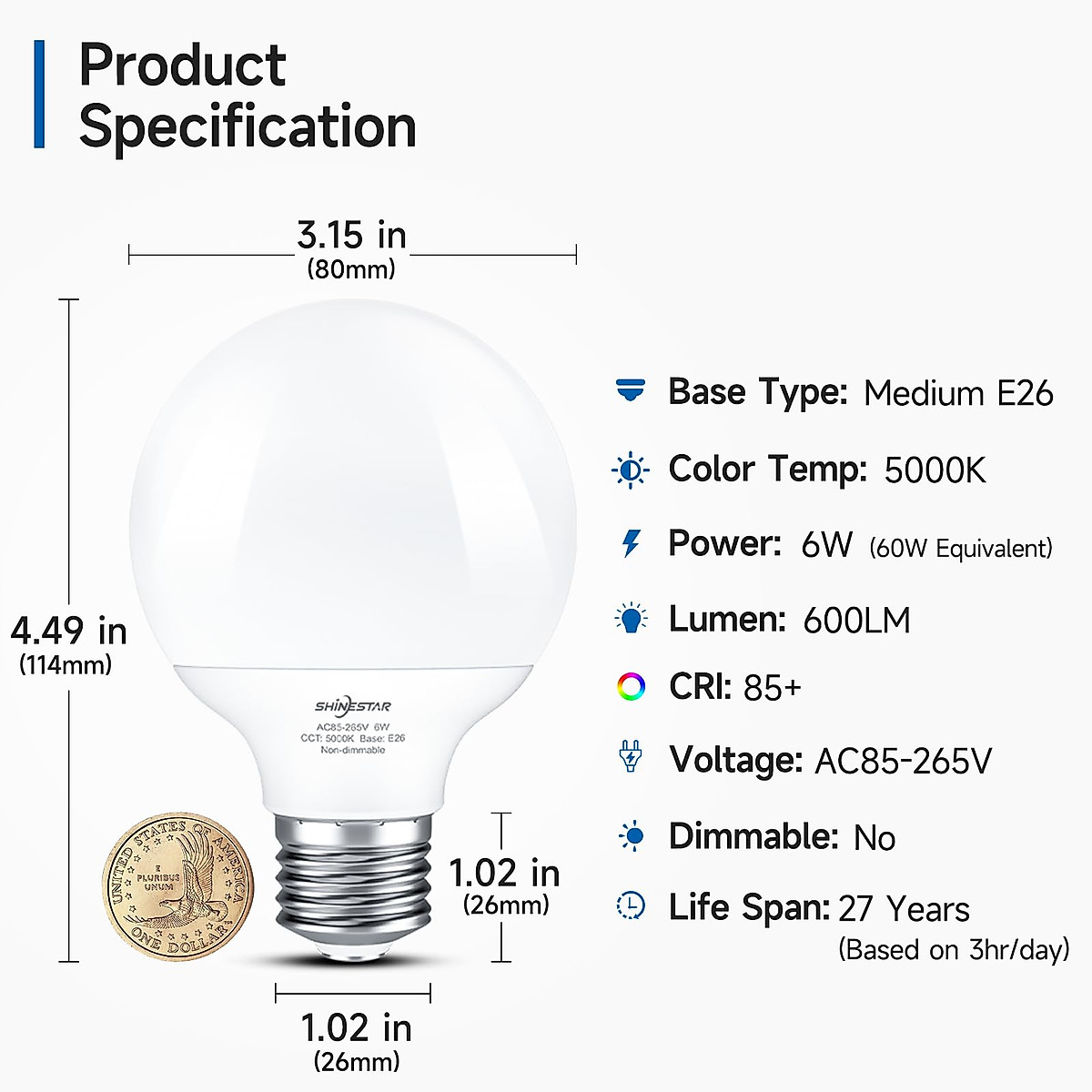 SHINESTAR 8-Pack Vanity Light Bulbs, Daylight 5000K, 60w Equivalent, G25 LED Globe Light Bulbs for Bathroom Mirror, 600LM, E26 Medium Base, Non-dimmable
