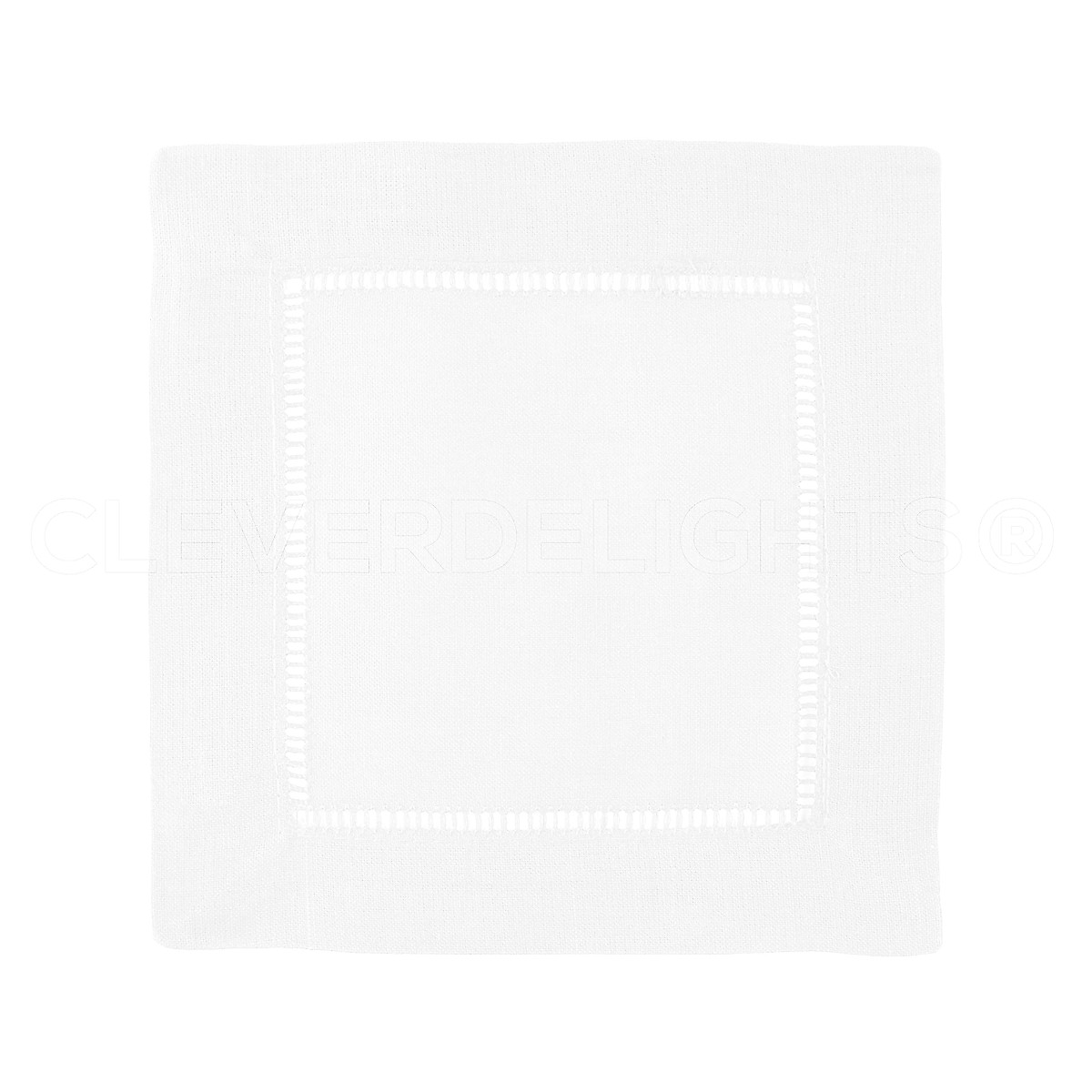 CleverDelights 6" White Linen Hemstitch Cocktail Napkins - 12 Pack - 100% Linen