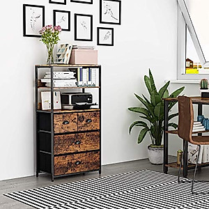 Furologee Vertical 4 Drawer Dresser Organizer with 3-Tiers Wood Shelf,Tall Fabric Storage Tower Unit, Sturdy Metal Frame Furniture,Removable Brown Fabric Bins for Bedroom,entryway,Office