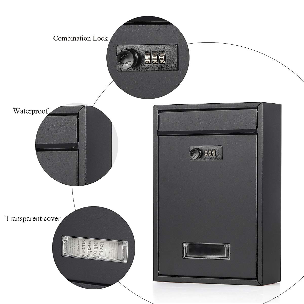 Locking Mailbox Wall Mounted Vertical- Jssmst Mail Boxes with Combination Lock Large Capacity, 12.6 x 8.46 x 3.35 Inch, Black Matt