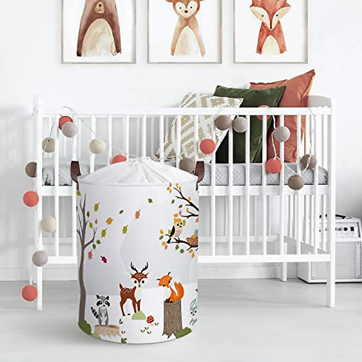 Clastyle 45L Woodland Animals Laundry Basket Collapsible Waterproof Forest Fox Storage Basket with Handle Kids Room Jungle Deer Laundry Hamper with Drawstring, 14 * 17.7 in