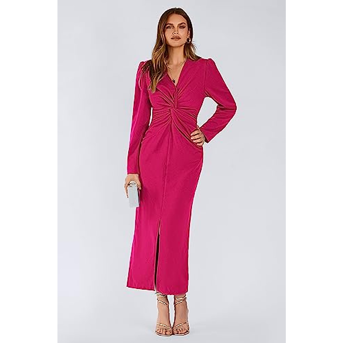 PRETTYGARDEN Women's Fall Fashion 2023 Long Puff Sleeve Maxi Dresses V Neck Twist Front Formal Dress with Slit (Rose Red,Medium)