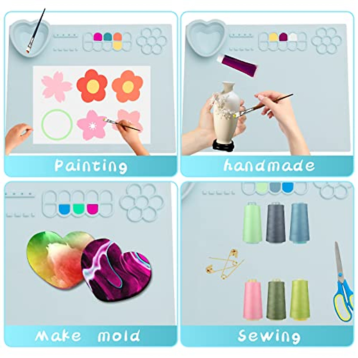 Silicone Craft Mat, 20×16 Inches Silicone Painting Mat with Water Cup and Paint Holder (Blue)