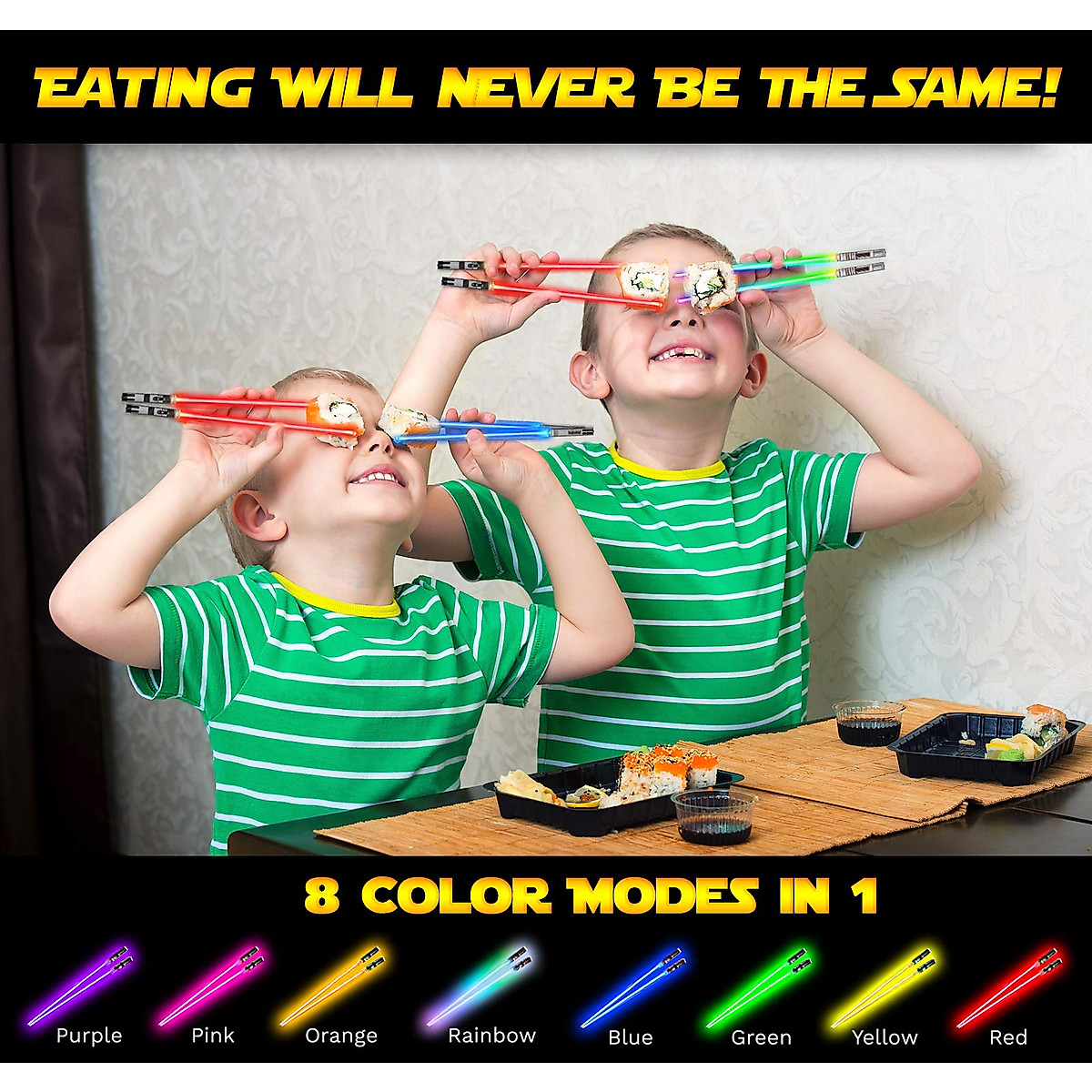 LIGHTSABER CHOPSTICKS LIGHT UP STAR WARS LED Glowing Light Saber Chop Sticks REUSABLE Sushi Lightup Sabers-Removable Handle Dishwasher Safe-Premium GIFT BOX & CARRY CASE Included-8 COLOR MODES-4 PAIRS