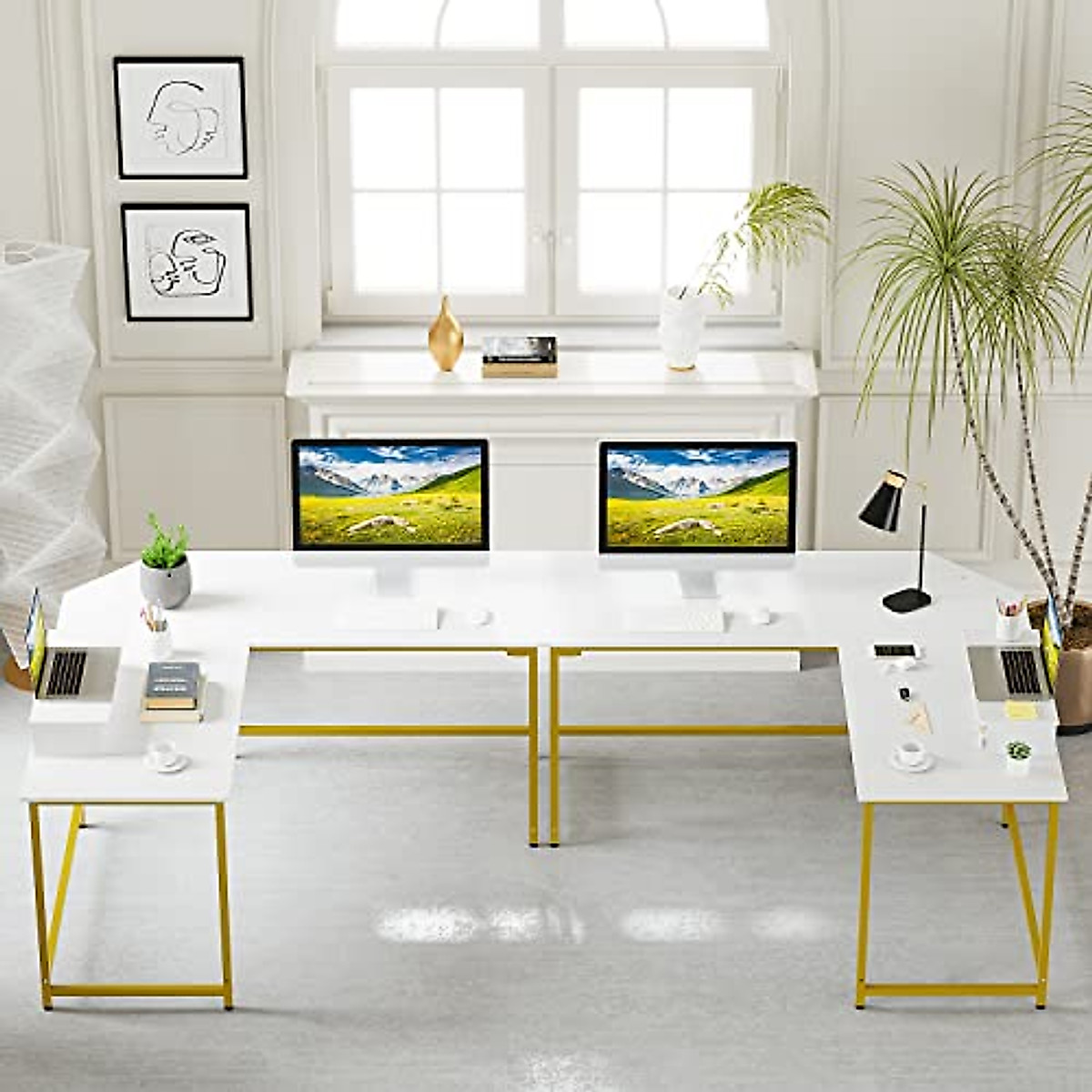 Elephance 59" L Shaped Desk Corner Computer Desk Gaming Table with Monitor Stand Workstation for Home Office (Large, White+ Gold Frame)