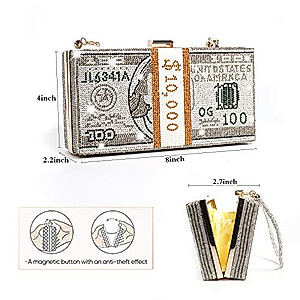 2 Pieces Set Rhinestone US Dollar Money Purse Party Evening Handbags Wedding Dinner Bag, Stack of Cash Clutch Purses,with Crystal Headbands (Grey)