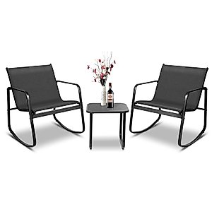 SUNCROWN 3-Piece Outdoor Rocking Bistro Set, Outdoor Furniture Set with Patio Rocking Chairs, and Glass-Top Table, Small Conversation Set of 3 for Porch, Lawn, Garden, Yard, Balcony, Poolside -Black