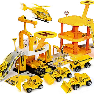 TOY Life Construction Toys Set - Toy Construction Vehicles with Toy Trucks for 3 4 5 6 Year Old Boys - Toy Car Garage Construction Trucks for Kids Construction Toys with Race Track