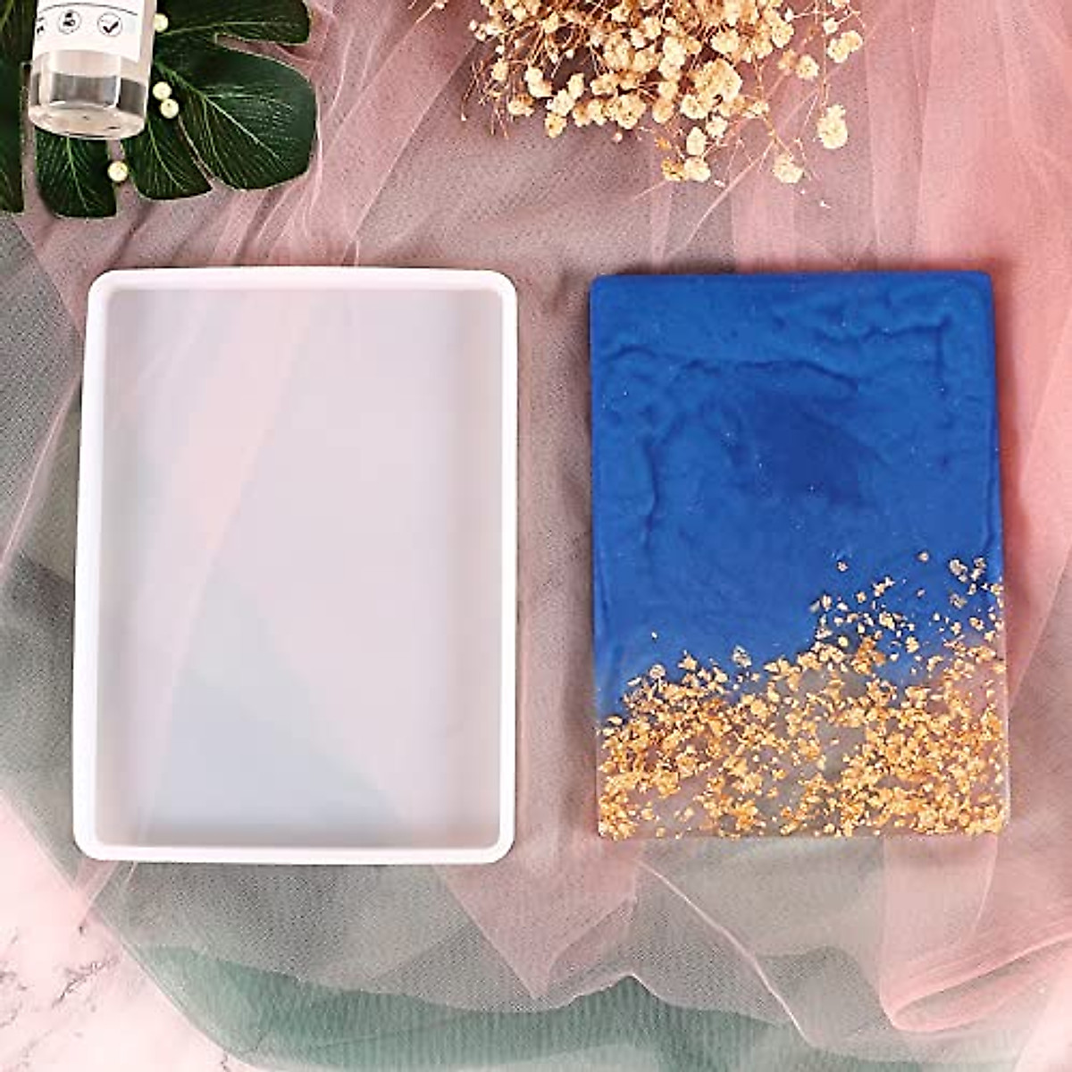 DSHE Silicone Mold Tray Geode 1pcs Agate Platter Molds and 2pcs Gold Handles, Epoxy Resin Casting Molds for Making Faux Agate Tray,Serving Board (molds with 2pcs handles)