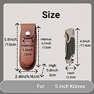 Pocket Knife Sheath, 5" PU Leather Knife Sheath Case Vertical Handmade Knife Sheath Holder with Belt Loop with Belt Loop fit 2.3" Belt for EDC Camping Hunting Outdoors, Brown