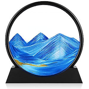 Moving Sand Art Picture - 3D Quicksand Painting Decor - Round Glass 3D Deep Sea Sandscape - Relaxing Home Decoration Desk Toys for Home Office Desk Mantle Bookshelf- (Blue, 7 in)