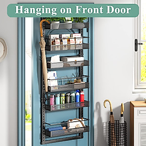 Over the Door Pantry Organizer, 6-Tier Adjustable Spice Rack, Metal Door Shelf with Detachable Guardrail, Space Saving Hanging Baskets for Kitchen Pantry Bathroom Organization Storage, Black