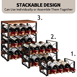 Countertop Wine Rack, 12 Bottle Wine Holder Stand for Table with Top Storage Shelf/Natural Solid Wood and Metal Structure, 3 Tier Stackable Wine Racks for Cabinet Home Kitchen Bar Hotel Restaurant