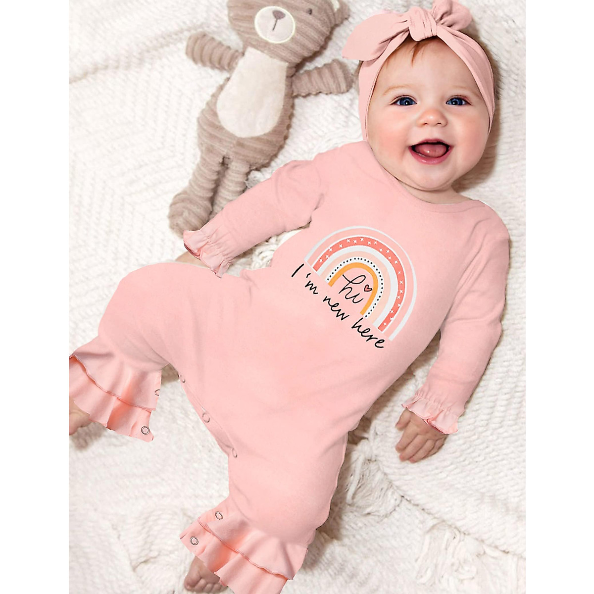 AGAPENG Baby Girl Clothes Newborn Girl Clothes hi I'm new here Romper Ruffle Rainbow Onesie Flare Bell Bottom Jumpsuit Fall Winter Outfits Newborn Girl Outfits Pink with Headband Hat