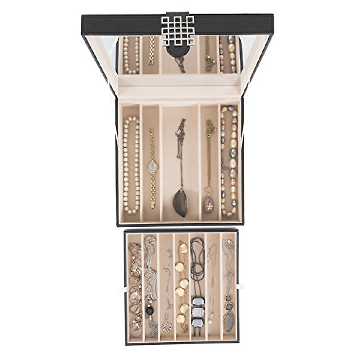 Glenor Co 12 Section Necklace Organizer - Large Mirror - 2 Trays - PU Leather - Black - Classic Jewelry Box - Modern Buckle Closure - Fits Necklace & Bracelet - Jewelry Holder for Women Teens & Girls