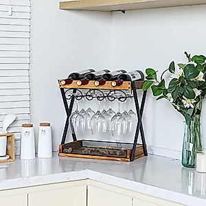 Wine Racks Countertop, Tabletop Wine Rack with Glasses Holder, Wooden Wine Bottle Holder, Freestanding Wine Storage Shelf for Kitchen, Living Room, Wine Cellar, Bar(Hold 4 Bottles and 9 Glasses)