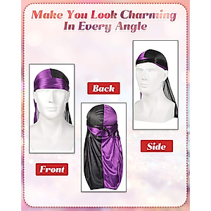 12 Pieces Silky Durag Pirate Cap Long Tail Headwraps for Men and Women Silky Durag Hip Hop Rapper Doo Rag Sleep Hat (Two-Tone Style)