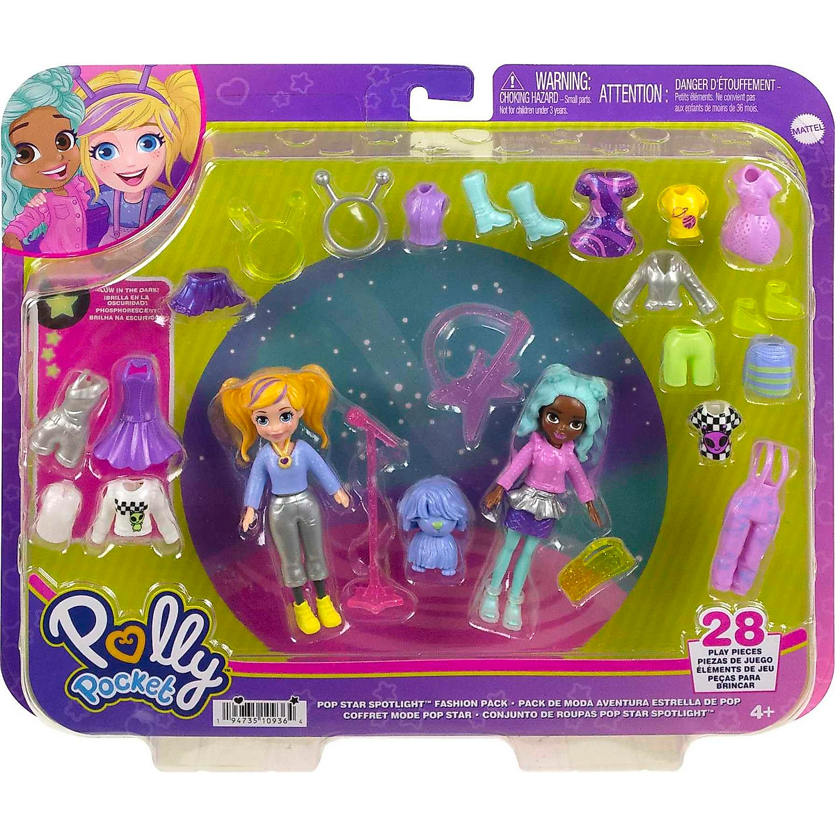 Polly Pocket Travel Toy with Two (3-inch) Dolls & 25 Accessories, Outer Space Fashion Pack with 2 Glow-in-The-Dark Pieces