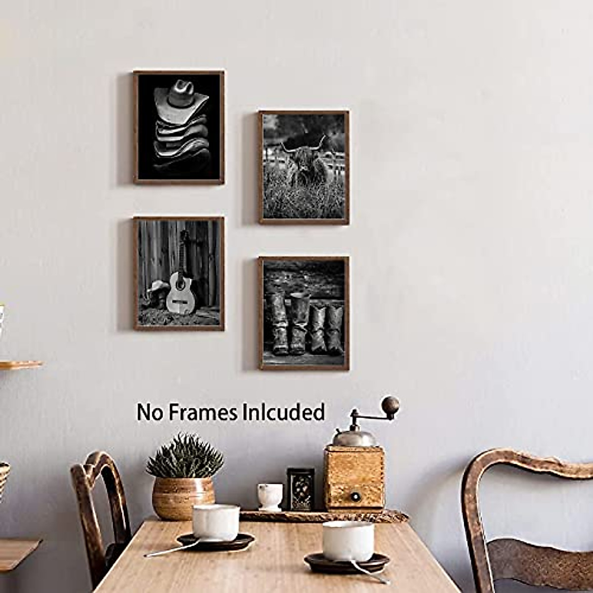 NIIO Western Cowboy Wall Art, Highland Cow Print, Boots Straw Hat and Longhorn Decor Vintage Farmhouse Canvas for Men's Bedroom, Set of 4(8inx10in, Unframed)