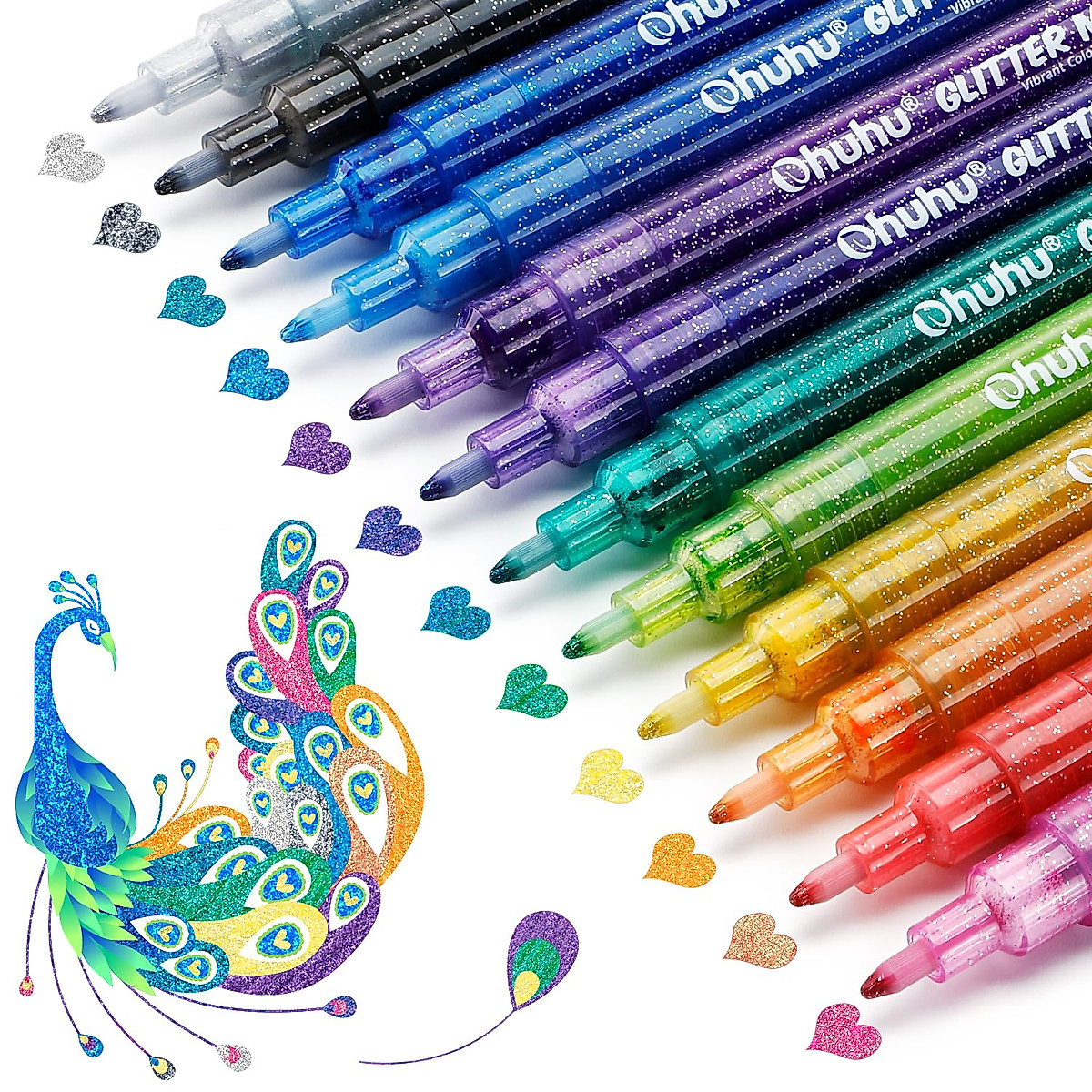 Ohuhu Glitter Markers Pen 12 Glitter Colors Metallic Marker Fine Point Tip Water-based Ink for Kids Adults DIY Crafts Greeting Birthday Cards Making Poster Album Scrapbooking Mugs Wood