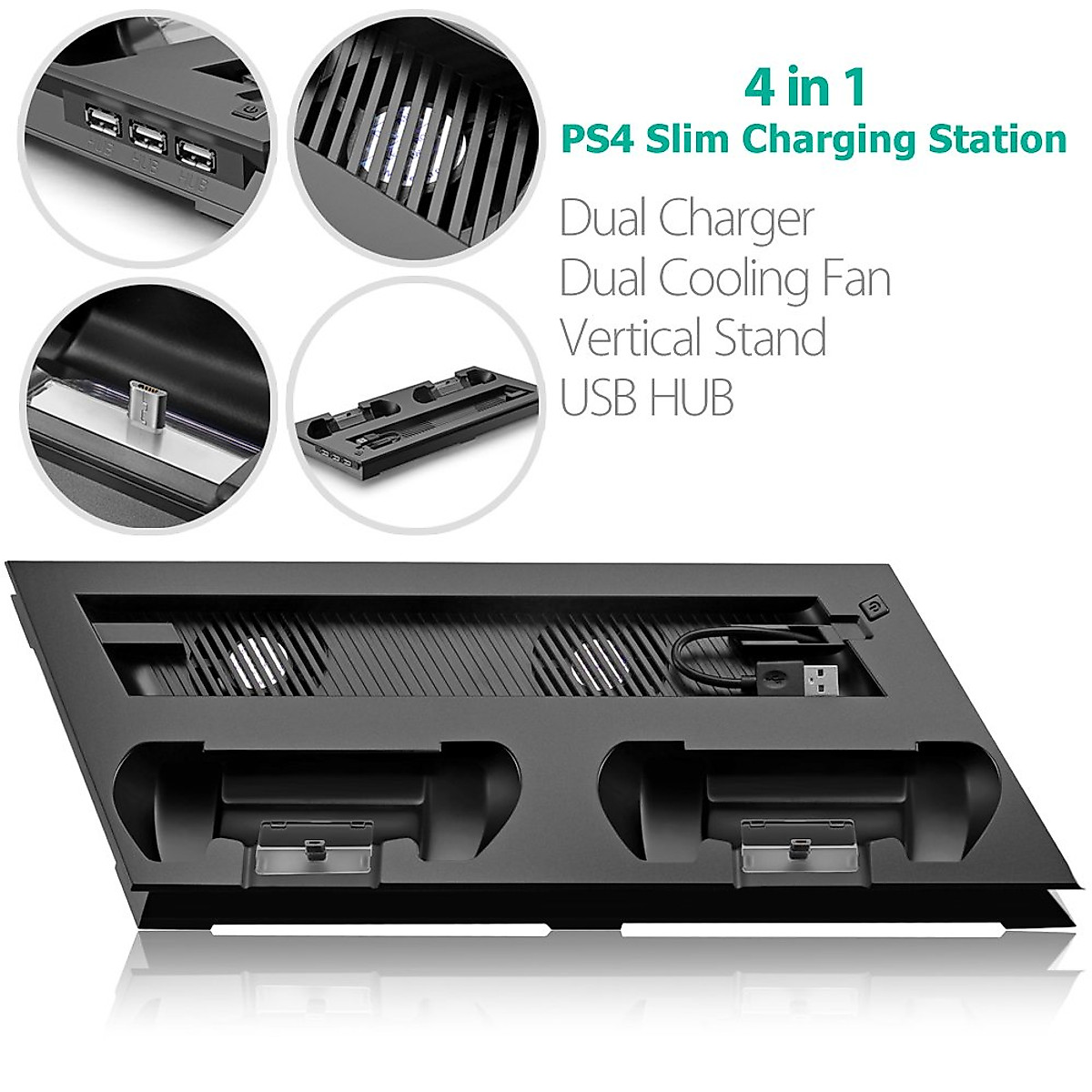 PS4 Slim Vertical Stand Cooling Fan with Dual USB Charger Ports 2 in 1 Dual Use with Cooling and Charging System