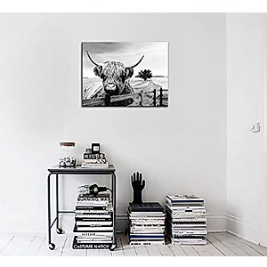 Highland Cow Canvas Black and White Landscape Pasture Hairy Cow Animal Wall Art Pictures Canvas Wall Art Farmhouse Prints Photo Contemporary Cow Decor Paintings Home Decoration Artwork 12"x16"