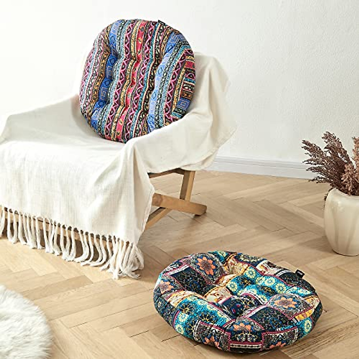 Getmo Resin Meditation Floor Pillow,Large Round Boho Floor Cushion, Mandala Bohemian Floor Pillows Cushion Seating for Yoga Living Room Balcony Office Outdoor Tatami,22x22 Inch,Stripped Blue