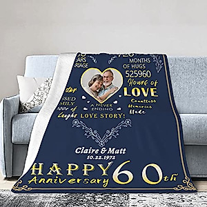 Custom Anniversary Blanket with Name Picture & Date, Personalized Gifts for 40th 50th 60th Wedding Anniversary, Custom Blanket for Couple, Golden 50 Years of Marriage Gifts for Dad, Mom, Grandparent