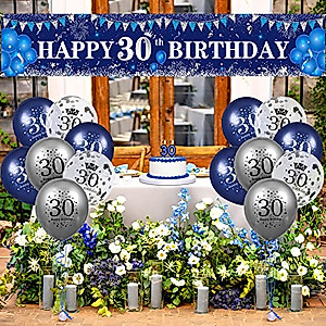 Blue 30th Birthday Decorations for Men Women, Navy Blue Silver Happy 30th Birthday Yard Banner, Blue 30th Birthday Balloons for 30th Birthday Anniversary Party Decorations Supplies