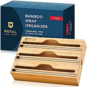 ROYAL CRAFT WOOD Bamboo Kitchen Drawer Organizer with 3 Slots for Food Storage Containers, Kitchen Foil, and Plastic Wrap – Includes Cutter