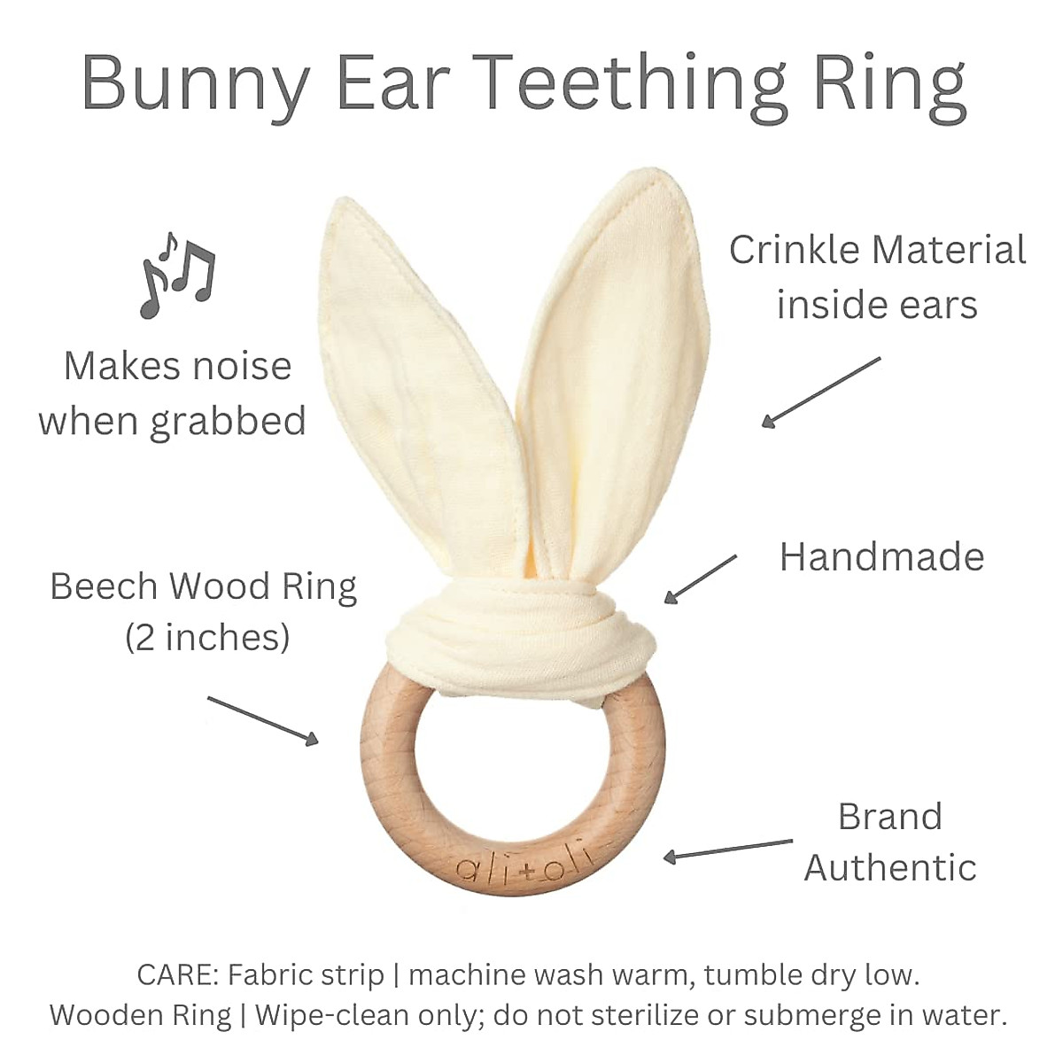 Ali+Oli Crinkle Bunny Ears Wooden Teethers for Babies (Natural) Bunny Ear Teething Ring, Wooden Toys for Babies, Gender Neutral Baby Gift, Teething Toys for Babies, Newborn Animal Teether Toys