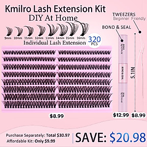 DIY Eyelash Extension Kit with 320 Pcs 60D Lash Clusters, Bond and Seal and Lash Applicator Tool 9-16mm Mix D Curl Individual Lashes Kit for Beginners Self Application DIY at Home, by Kmilro