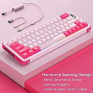 ROYALAXE Y68 TKL Wireless Mechanical Keyboard, Hot Swappable Wired/Bluetooth 5.0/2.4G Wireless Keyboard with RGB Light for Windows & Mac, PBT Keycap, Gateron G Yellow Pro Switch, Candy Pink