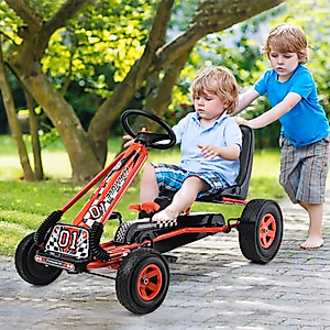 HOMGX Pedal Go Kart, Outdoor Kids Pedal Go Kart with Adjustable Bucket Seat, Steering Wheel, Rubber Wheels, Brake, Pedal Powered Ride On Kart for Boys, Girls (Reddish Black)