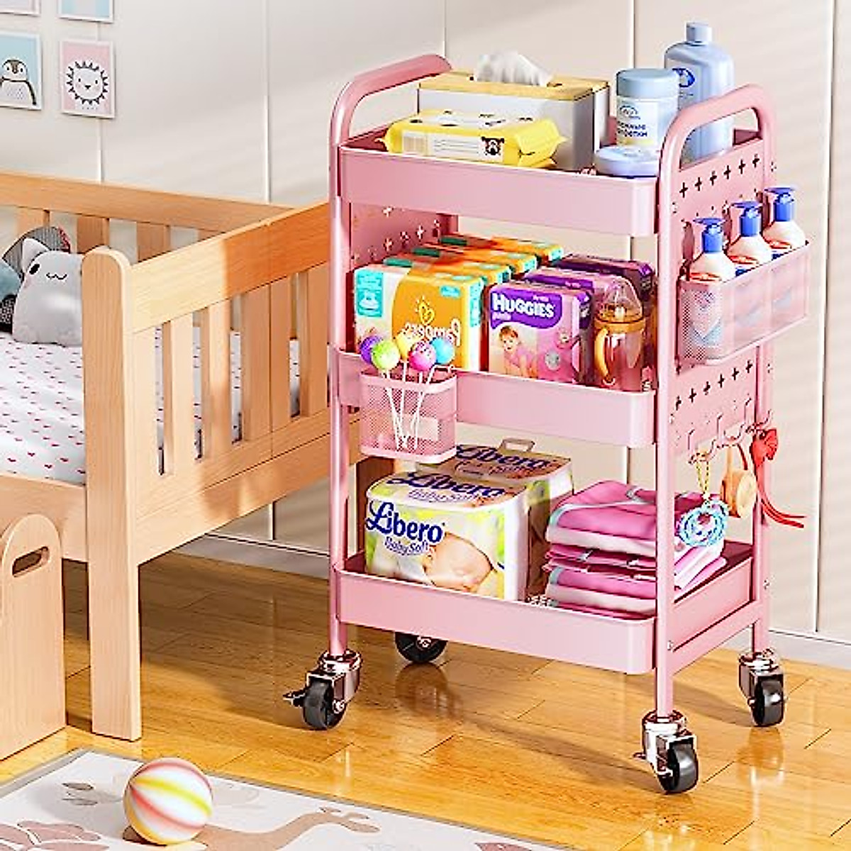 3 Tier Rolling Cart Organizer - Utility Cart on Wheels, Metal Pink Rolling Storage Cart with DIY Dual Pegboards, Removable Baskets Hooks, Teacher Rolling Art Cart for Office, Home, Kitchen, Classroom