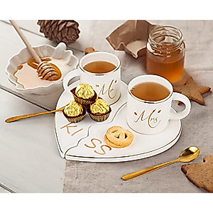 Coffee Mugs Mug Sets Demitasse Cups Mr and Mrs with Kiss Tray Wedding Engagement Bridal Shower or Couples Anniversary Valentines Christmas Gifts -Ceramic Marble Coffee Mug -White