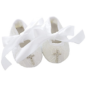 LilPinkGoose 0-18M Ivory & White Baby Girls Newborn Lace Baptism Shoes Toddler Wedding Dress Shoes (White Shoes with Cross, us_Footwear_Size_System, Infant, Women, Age, Medium, 0_Months)