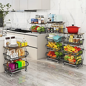 4 Tier Fruit Basket for Kitchen - Stackable Fruit and Vegetable Storage Cart with Wooden Top Rolling Wheels Metal Wire Basket Organizer for Onions Potatoes Storage Utility Rack Bins for Kitchen Pantry
